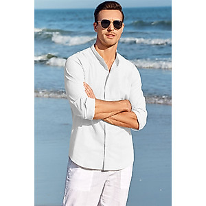 Makkrom Men Linen Shirt Button Down Long Sleeve Cotton Beach Band Collar Casual Summer Shirts