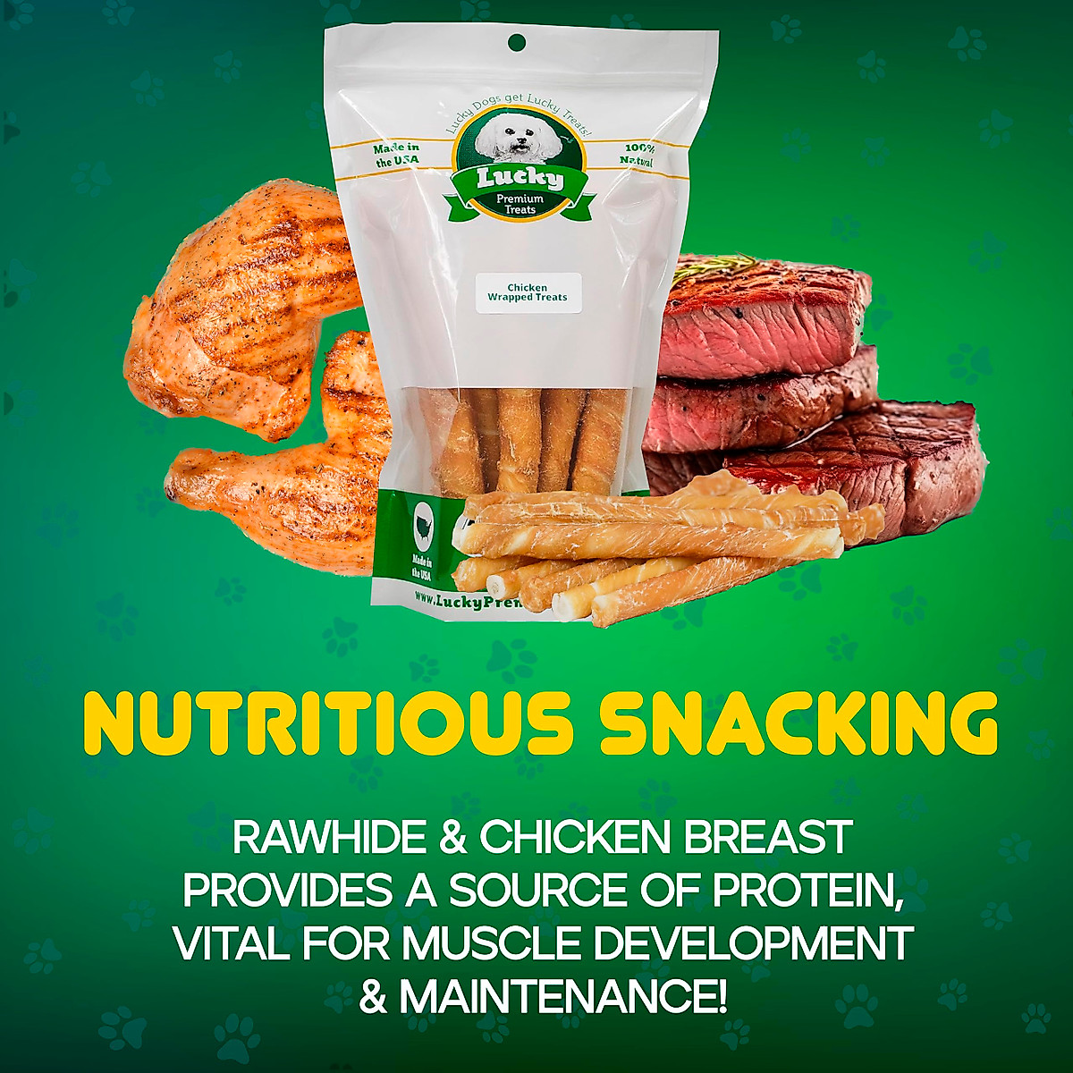 Lucky Premium Treats Chicken Wrapped Dog Treats – Retriever Size - USA Made Raw Hide Sticks for Large Size Dogs – Long Lasting, Preservative Free Dog Treat – 17 Chews