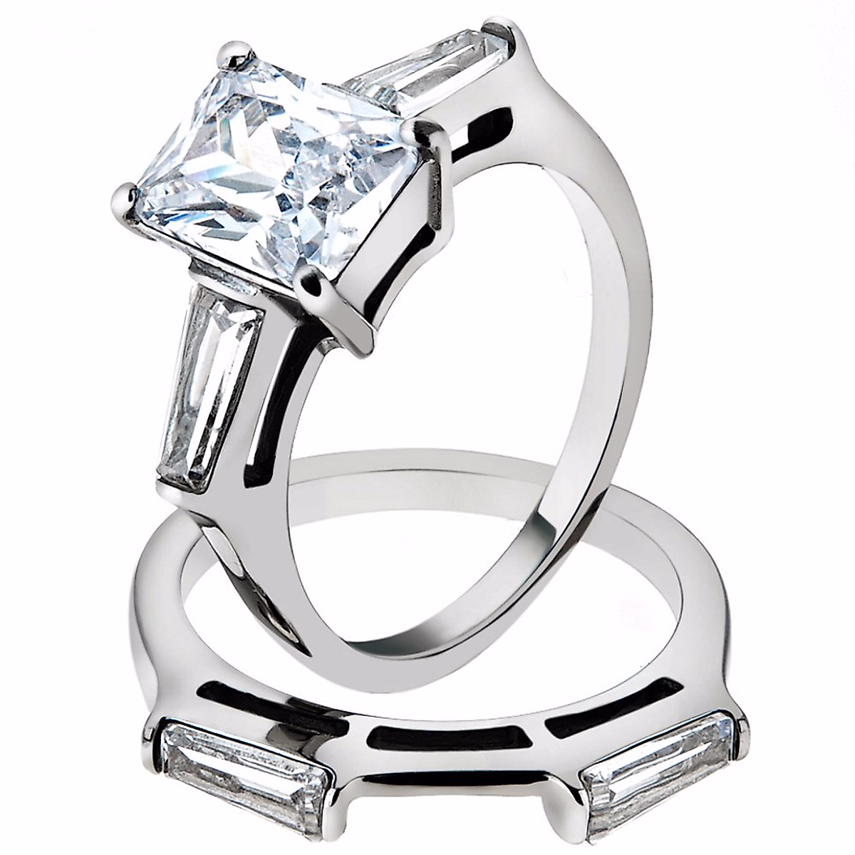 Marimor Jewelry 4.45 Carat Emerald Cut Zirconia Stainless Steel Engagement Wedding Ring Set Size 8