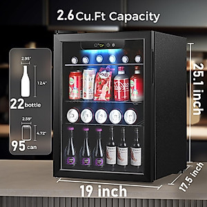 Kndko Mini Beverage Refrigerator and Cooler - 95 Can Mini Fridge with Digital Temperature Control, LED Light, Reversible Door, Perfect for Home, Office, Bar, and Game Room - 2.6 Cu.Ft, Black