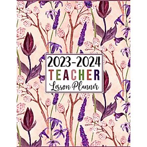 Teacher Lesson Planner 2023-2024: Large Weekly and Monthly Teacher Organizer Calendar | Lesson Plan Grade and Record Books for Teachers (Purple Watercolor Flowers)
