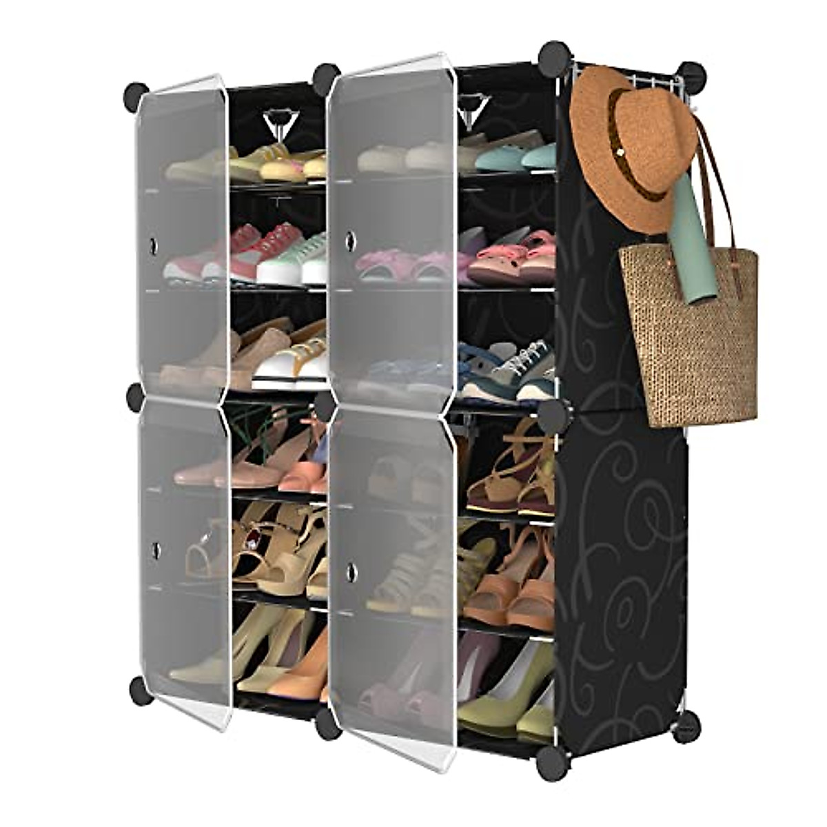 Anenz Shoe Storage Shelf Shoes Cabinet 24 Pair Portable Closet Shoe Rack Shelves Organizer for Closet Entryway ,Free Standing Show Shelf Black Shoes Closet with Doors for for Entryway,Hallway Bedroom