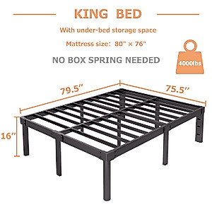 FDLOGW King Bed Frame, 16 Inch Metal Platform King Size Bed Frames with Round-Corner Leg, Heavy Duty Steel Slat Mattress Foundation, Easy Assembly, Noise-Free, No Box Spring Needed