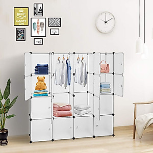 VINGLI Cube Storage Organizer, 16-Cube Plastic Closet Cabinet, DIY Plastic Modular Book Shelf Unit, Cube Shelves with Doors and 2 Hanging Rods - Translucent White