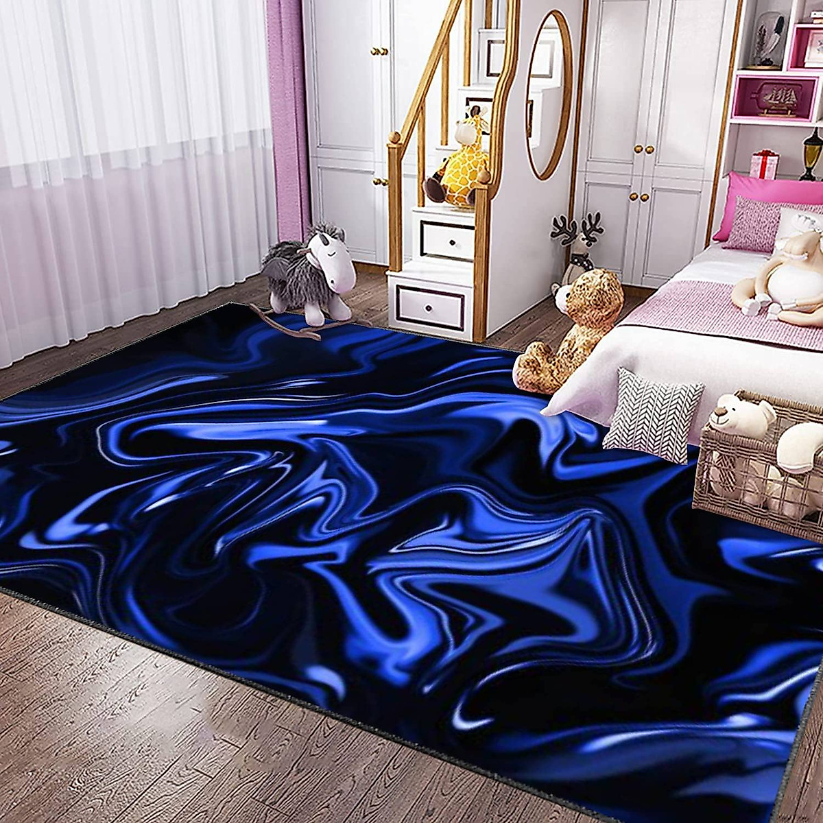 D1KV9Z46FE Modern 3D Home Area Rugs Marble Blue Black Neon Abstract Wave Sea Night Marbled Texture Carpets Non-Slip Extra Size Yoga Mat Runner Rug for Living Room Bedroom Girls Playroom Decor, 6x9 ft