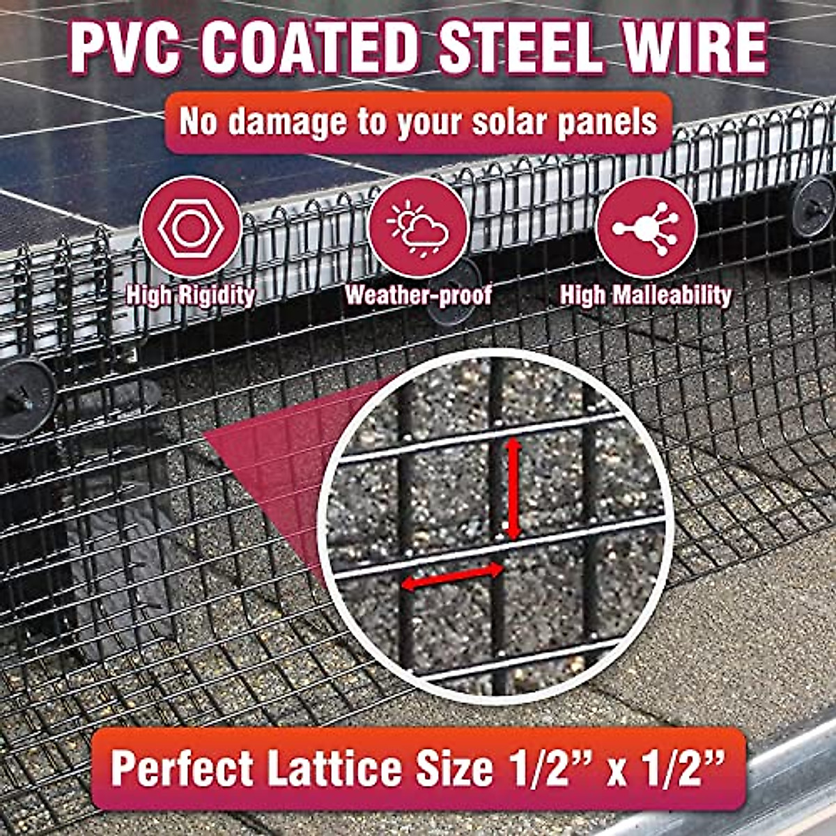 Senershuo 6in X 120ft  Solar Panels Mesh for Bird.Solar Panels Bird proofing,Pest Barrie .60 Fastener Clips,Black PVC Coated Steel Solar Panel Fencing