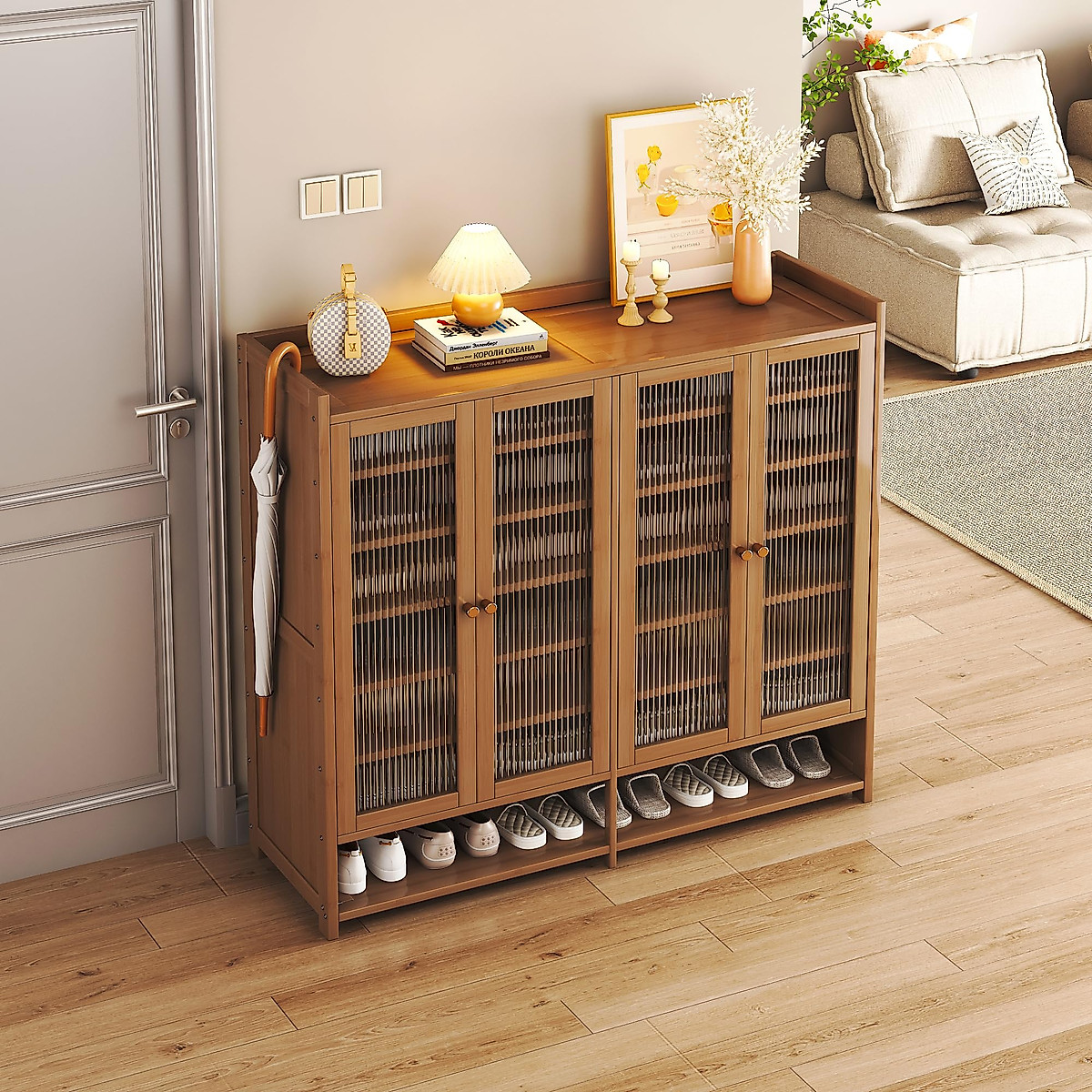 FAVEDECOR Bamboo Shoe Storage Cabinet with Doors, 8 Tier Free Standing Shoe Rack, 36-40 Pairs Shoe Cabinet, Entryway Shoe Organizer for Hallway Office Living Room (Brown-2)