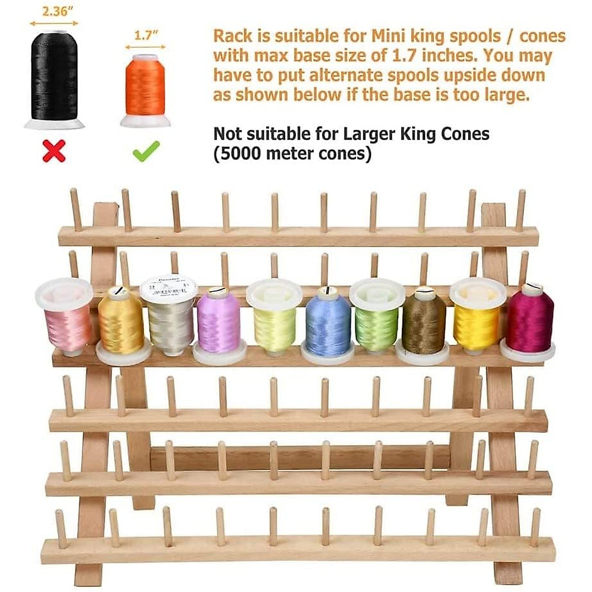 ThreadNanny 60 Spools Thread Rack - Premium Birchwood Thread Storage Organizer Stand for Sewing Embroidery Spools and Mini Cones - Thread Holders for Spools of Thread with Wall Mount Hanging Hooks