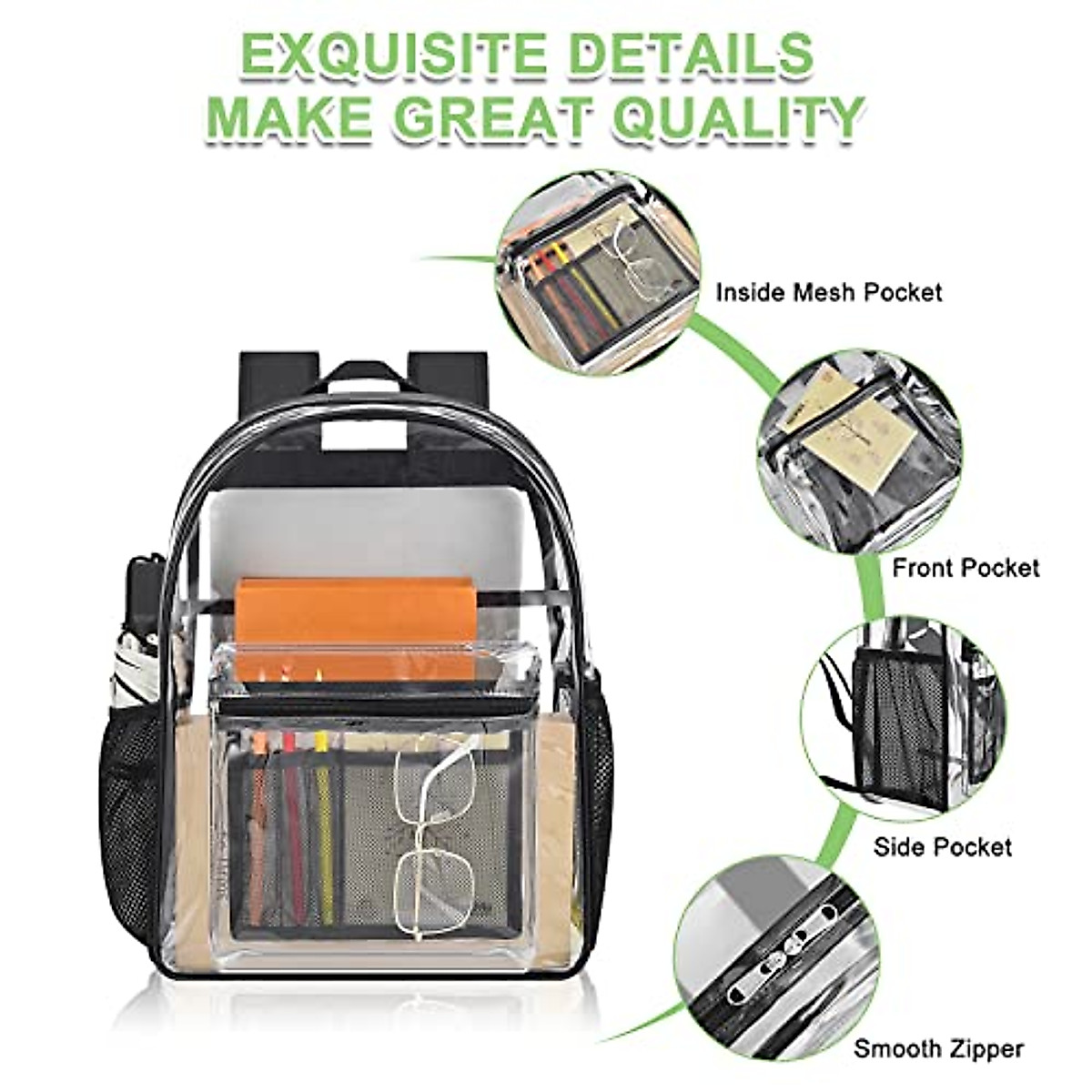 AROUVOG Clear Backpack for School, Heavy Duty PVC Transparent Backpack, Clear Book Bag,See Through Backpacks for College Concert Travel (Medium)