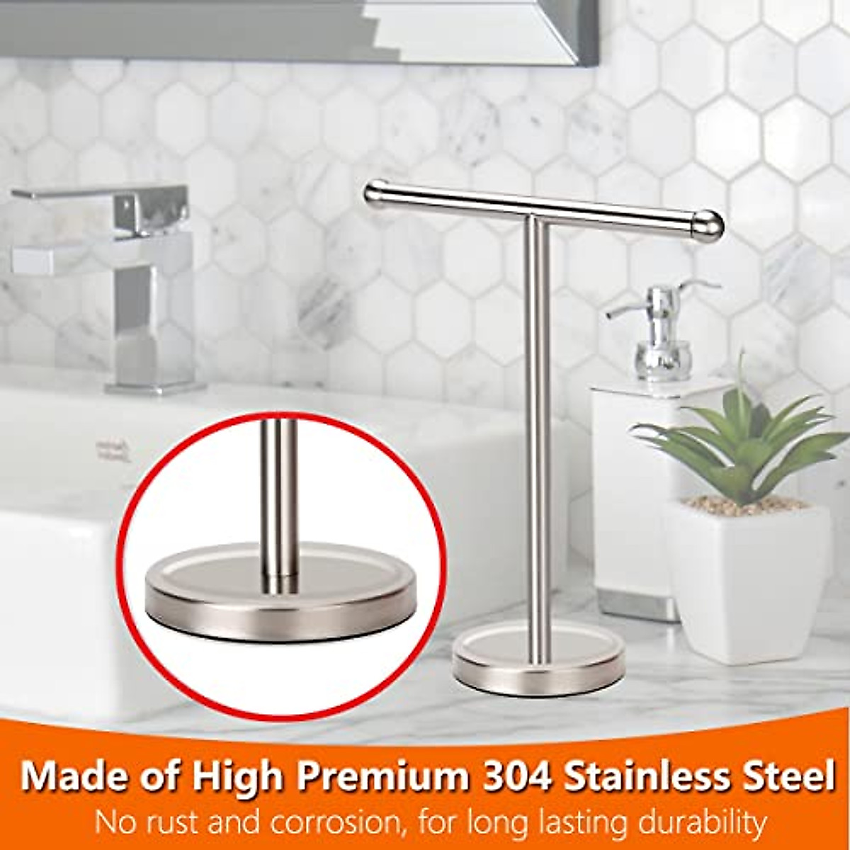 Hand Towel Holder Stand with Heavy Stainless Steel Base, T-Shape Towel Rack, Free-Standing Towel Holder Countertop for Bathroom (Brushed Nickel)
