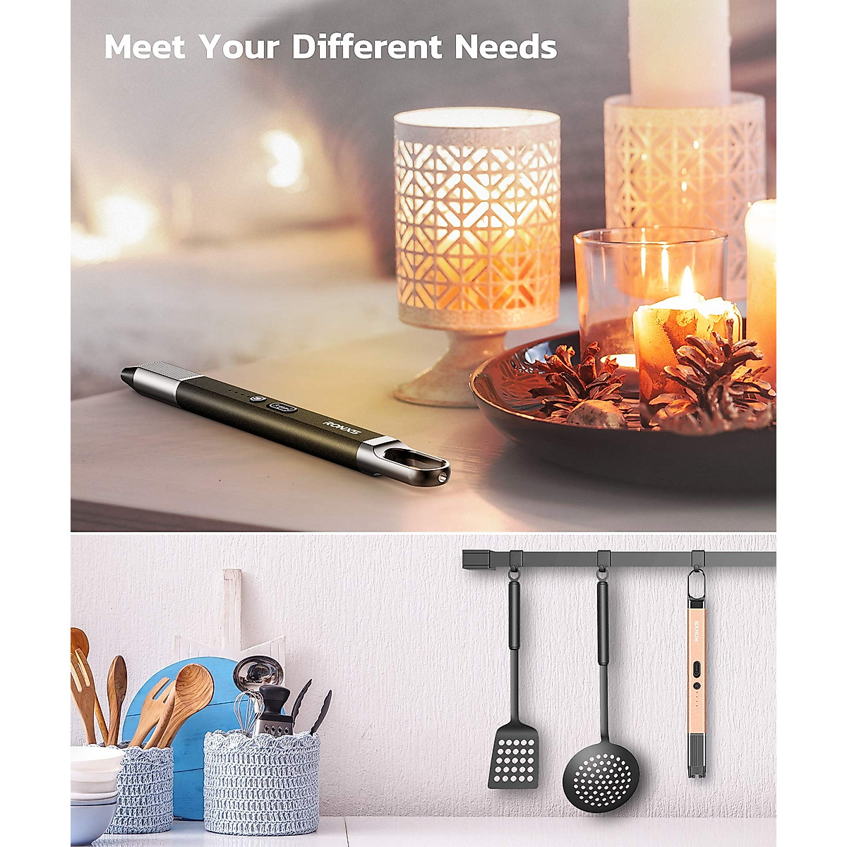 RONXS Electric Lighter, Candle Lighter with Safety Lock Windproof Flamless Arc Rechargeable Long Lighter with Battery Indicator (Black&Champagne 2pcs)