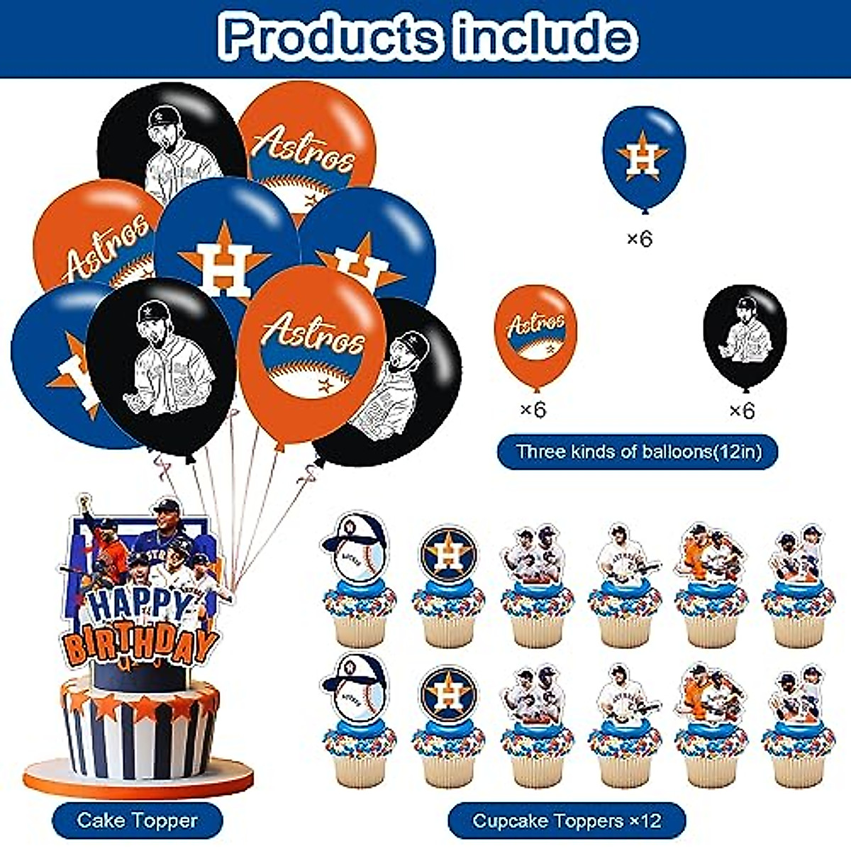 Astros Baseball Birthday Party Decorations ,Astros Baseball Birthday Party Favor with Banner, Ballons,Cake Topper, Cupcake Toppers for Boys Girls Fans Baseball Party Supplies