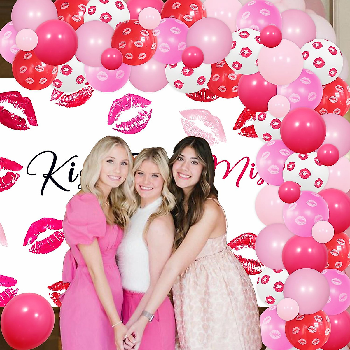 81Pcs Kiss the Miss Goodbye Bachelorette Decorations, Hot Pink Balloon Garland Arch Kit with Kiss the Miss Goodbye Backdrop Red Lips Balloons for Hen Party Bridal Shower Party Suppiles