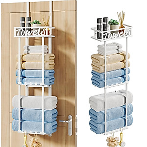 HapiRm Towel Rack Bathroom Storage - 3 Tier Over The Door Towel Rack with Metal Shelf Basket and 6 Hooks, Wall Mount Towel Holder, Rolled Towel Organizer for Small Bathroom (White)