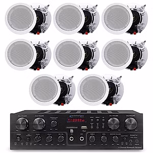 Technical Pro 4 Channel 1600 Watts 8 Speaker Bluetooth Home Theater Receiver System w/ 4 Pairs of 5.25” Ceiling Wall Mount 2-Way Mid Bass Woofer Ceiling Speakers - Home Theater Kit