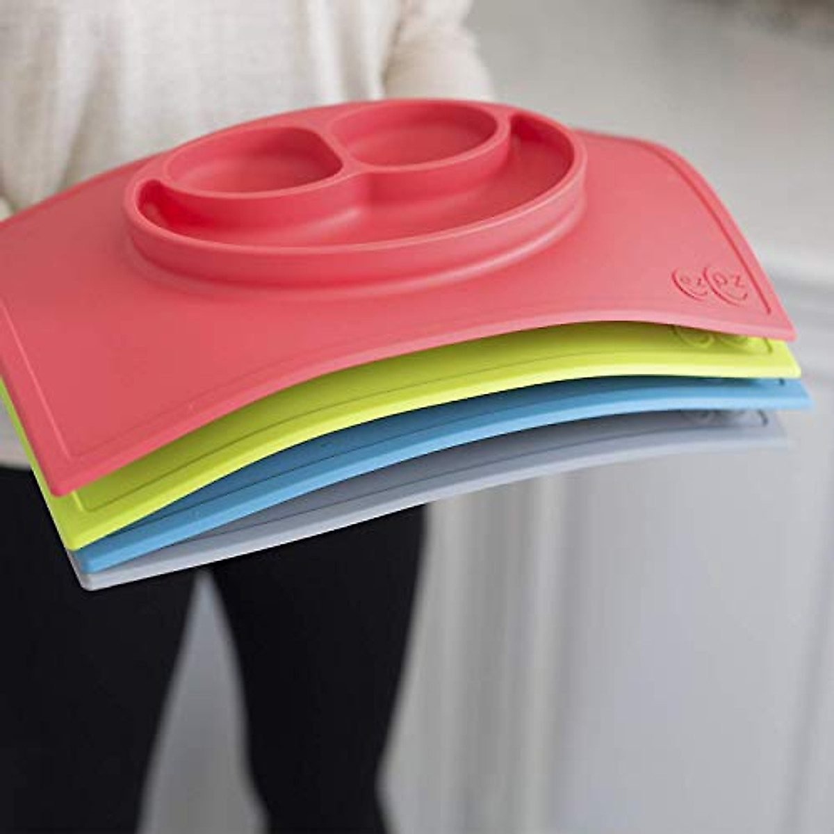 ezpz Happy Mat (Blue) New Version - 100% Silicone Suction Plate with Built-in Placemat for Toddlers + Preschoolers - Divided Plate - Dishwasher Safe