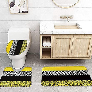 lmqsdhh Leopard Print 4 Pieces Shower Curtain Set, Bathroom Supplies with Non-Slip Rectangal Mat, Toilet Lid Cover, U Shape Rugs, Zebra Prints Yellow Black Stripes,Medium