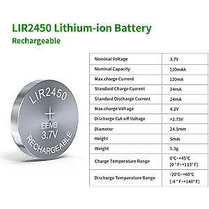 EEMB LIR2450 Rechargeable Battery 2450 Li-ion Battery Charger with 3.7V 120mAh Lithium-ion Coin Cell Battery