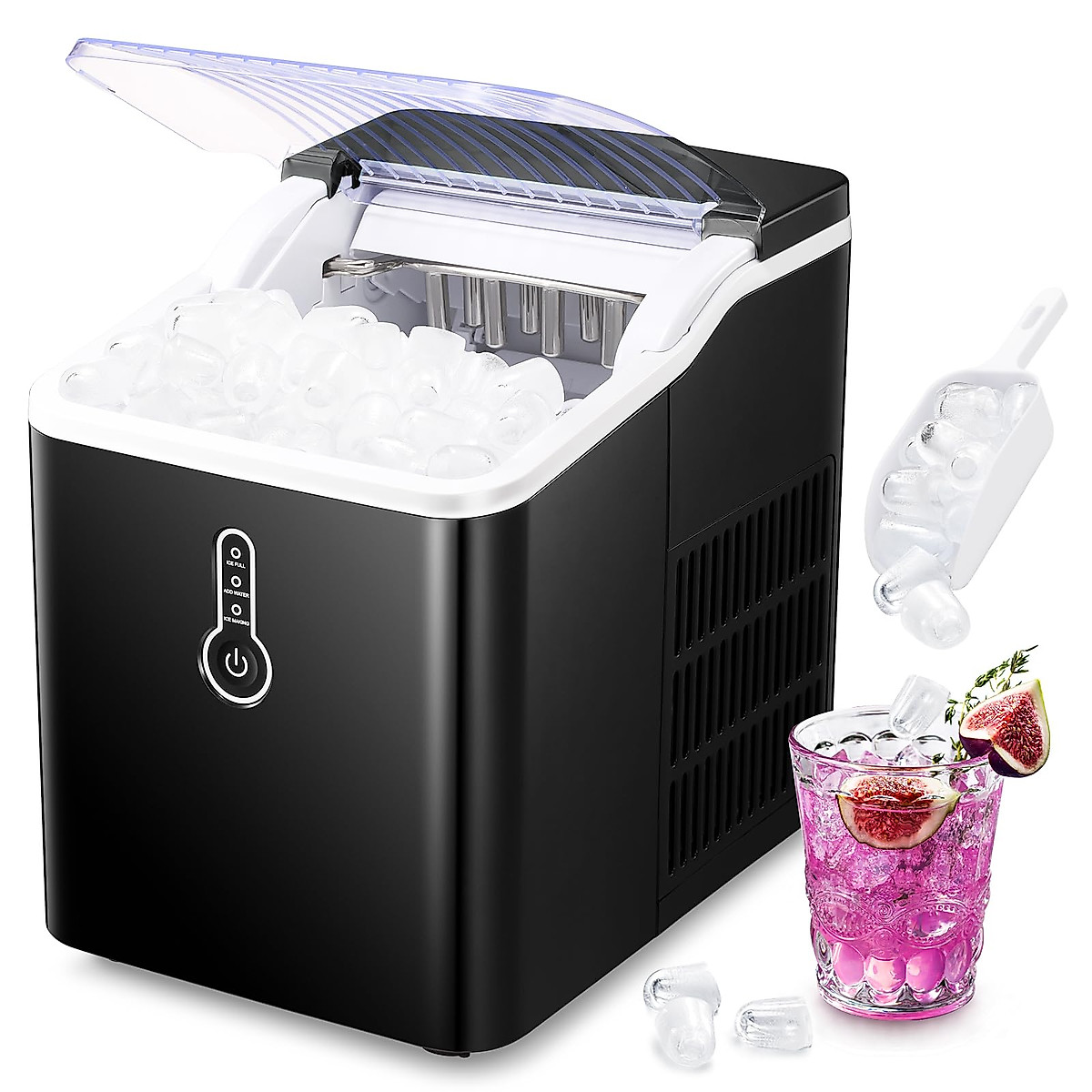 Ice Makers Countertop, Portable Ice Makers Countertop with Self-Cleaning,9 Bullet Cubes Ready in 8 Mins,26lbs/24H，with Ice Scoop and Ice Basket，for Home Kitchen Camping RV.(Black)