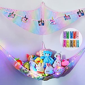 FIOBEE Stuffed Animals Net or Hammock, Stuffed Animals Storage Holder Toy Hammock Organizer Hanging with LED Light Photo Clips for Nursery Play Room Kids Bedroom Pack of 2