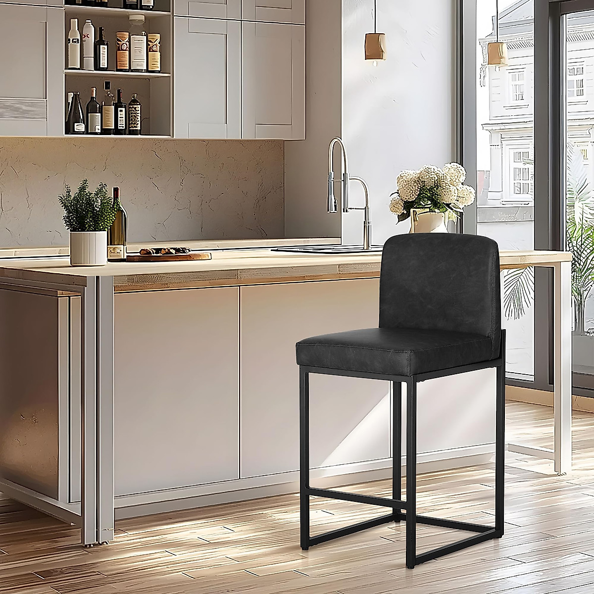 ALPHA HOME Counter Height Bar Stools, 24” Kitchen Counter Stools Set of 1, Pu Leather Kitchen Modern Bar Chairs with Back&Footrest, Sturdy Chromed Metal Steel Frame, Black