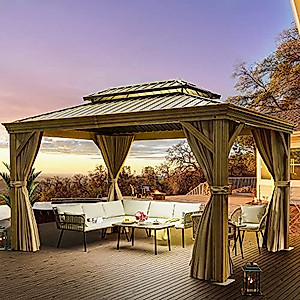 YITAHOME 10x12ft Hardtop Gazebo with Nettings and Curtains, Wood Grain Heavy Duty Double Roof Galvanized Steel Outdoor Combined of Vertical Stripes Roof for Patio, Backyard, Deck, Lawns, Brown