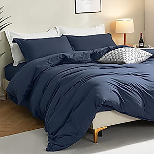 Yastouay Duvet Cover Set Twin Size Soft and Comforter Duvet Cover 100% Washed Microfiber Duvet Covers with Zipper Closure and Corner Ties Bedding Cover Set (68x90 inches, Navy Blue)