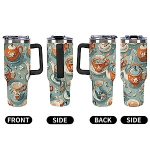 FZQVSGW Teapot And Mug 40 Oz Tumbler with Handle And Straw Stainless Steel Vacuum Insulated Tumblers Reusable Keep Drinks Cold Coffee Cup Holder Friendly Gifts for Women Men Car Gym Travel