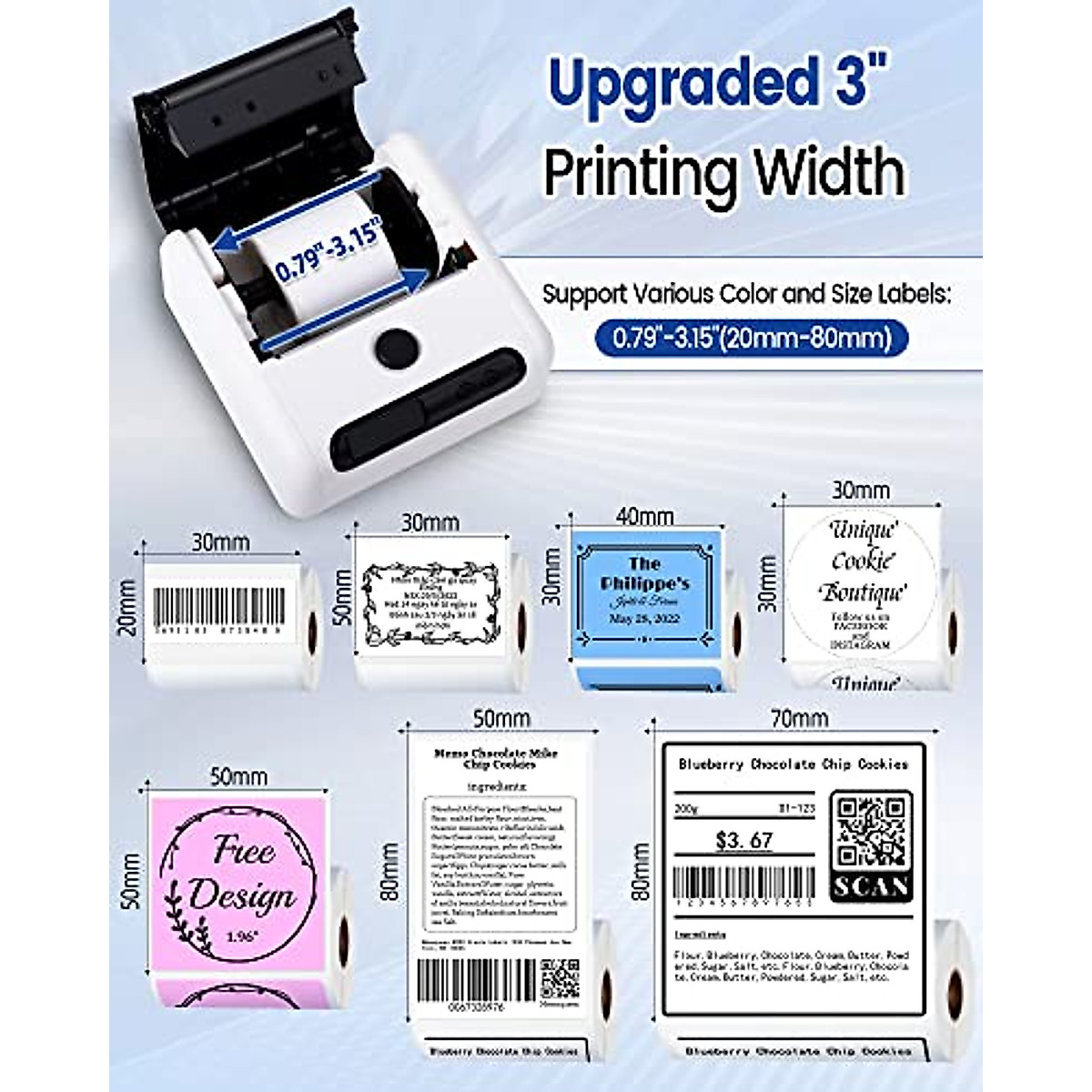 Memoqueen Label Maker Machine with 3 Roll Labels M200 Portable Label Makers, Upgrade 3 Inch Bluetooth Thermal Barcode Label Printer for Small Business/Home Use, for Retail, Logo, Labeling, Name, White