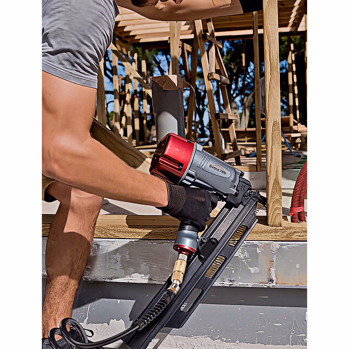 EVOULTES 1/4 In x 28 Ft Polyurethane Recoil Air Hose, Upgraded Air Compressor Hose with Repairable Bend Restrictor, Air Hose kit w/ 360° Swivel 1/4" NPT Coupler & Brass Quick Connect Air Fittings