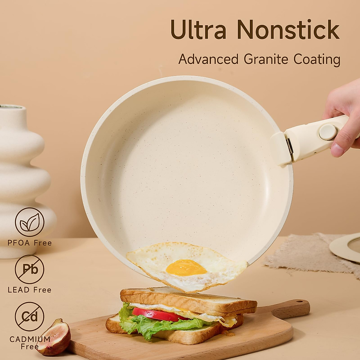 JEETEE Nonstick Frying Pan Set, Non Stick Frying Pans with lid and Detachable Handle, Frying Pan Set with Removable Handle-8 Inch-9.5 Inch-11 Inch, Oven Safe, PFOA Free, Beige