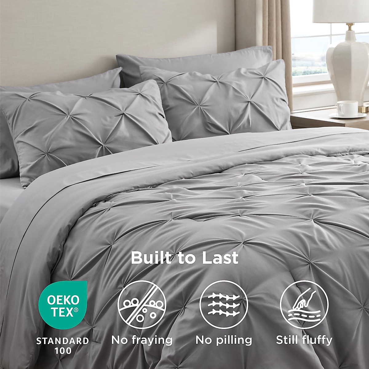 BEDSURE Queen Comforter Set - Bed in a Bag Queen 8 Pieces, Pintuck Bedding Sets Grey Bed Set with Comforters, Sheets & Skirt, Pillowcases & Shams