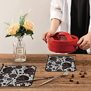 Skull and Rose Pot Holders Set of 2 Kitchen Heat Resistant Potholder for Microwave Cooking Baking Oven End Dishes and BBQ