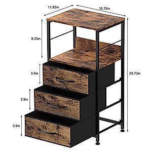 Nightstand Set of 2 Modern Bedside End Tables, Set of 2 End Tables with Drawers Night Stand Side Table with 3 Fabric Drawers Retro Bedside Tables for Livingroom Bedroom Office, Brown and Black