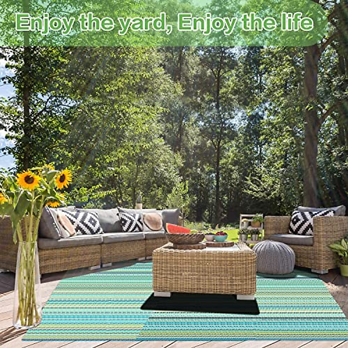JBGO Outdoor Rug,Patio Rug,4' x 6' Reversible Woven Lightweight Large Plastic Striped Stain Proof Indoor Area Runner Mat for Deck Patio Camping Beach Picnic BBQ (Turquoise Blue Stripes)