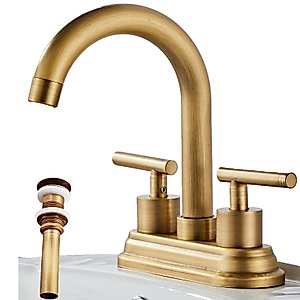 HIHIA Antique Brass Bathroom Faucet 2 Handle Centerset, with Copper Pop Up Drain Without Overflow and Two Water Supply Lines, 4 Inch Bath Lavatory Vanity Faucets Set for Bathroom Sinks