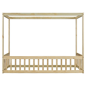 VilroCaz Twin Size Canopy Floor Bed with Fence for Kids Teens Boys& Girls, Solid Wood Montessori Beds Kids Platform Bed Frame, Easy to Assemble (Natural-CP)