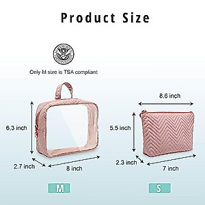 Bunnychill TSA Approved Toiletry Bag With Handle Strap,2 Pack PVC Clear Cosmetic Bags for Women Men, Carry on Airport Airline Compliant Bag,waterproof Transparent Makeup Travel Bags(S+M-Pink)