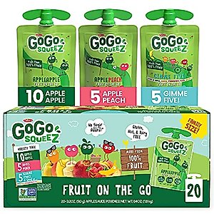 GoGo squeeZ Fruit on the Go Variety Pack, Apple, Peach & Gimme Five!, 3.2 oz (Pack of 20), Unsweetened Fruit Snacks for Kids, Gluten Free, Nut Free and Dairy Free, Recloseable Cap, BPA Free Pouches
