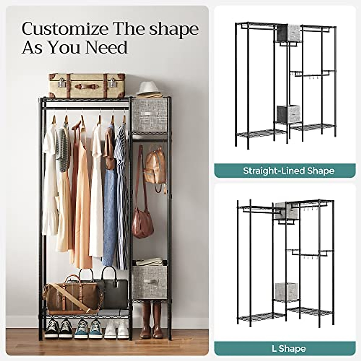 SONGMICS Clothes Rack with Shelves, Garment Rack for Hanging Clothes, Heavy Duty Closet Rack, Steel Portable Closet with Fabric Storage Boxes, Adjustable Shelves, for Bedroom, Black ULGR401B01