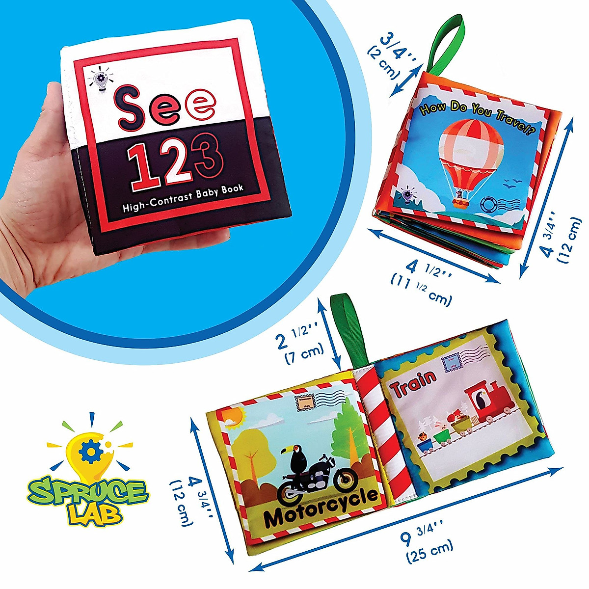 Spruce Lab Educational Soft Baby Books - 6 Cloth Book Set - Early Learning Sensory Development for Babies - Crinkle Touch and Feel Toddler Toy - High Contrast Infant Toys - Boy/Girl Baby Shower 0-2 yr