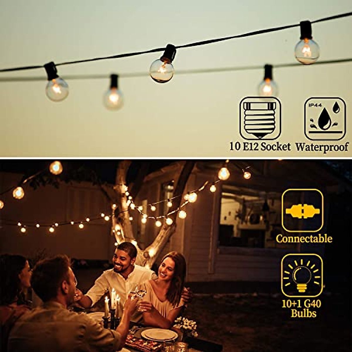 Festival Depot 10FT Patio String Lights with 10 Waterproof G40 Globe Bulbs (1 Spare) for Christmas Halloween, E12 Socket, Warm White