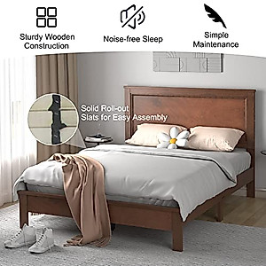 KOMFOTT Wood Full Bed Frame with Headboard, Mid Century Platform Bed with Solid Wood Slats Support & Rubber Wood Legs, Slatted Bed Mattress Foundation, No Box Spring Needed, Easy Assembly
