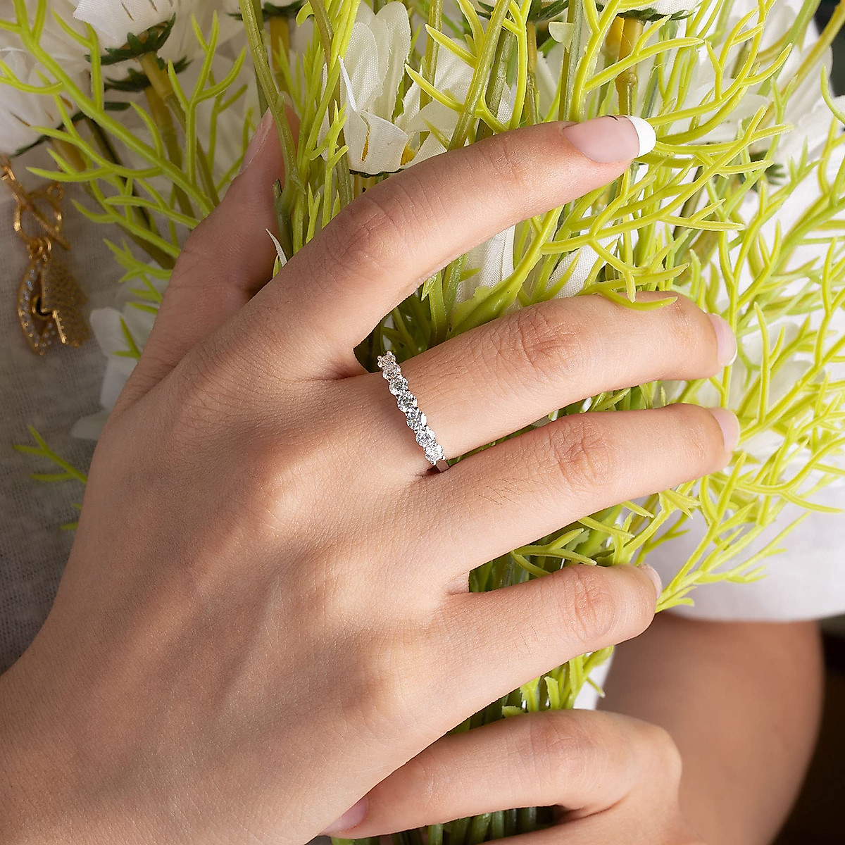 Ladylike Moissanite Wedding Band 18K White Gold Plated 925 Sterling Silver Wedding Rings 0.7ct D Color VVS1 Lab Created Diamond Half Eternity Wedding Band Stackable Ring for Women (8)