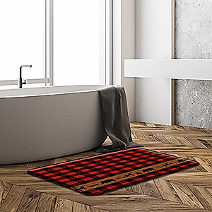 HHKJKJ Rustic Bear Red Black Bath mat Buffalo Check Plaid Camping Cabin Wildlife Black Bear Print Vintage Farmhouse Bathroom Bedroom Kitchen Rug Soft Memory Foam Backing 18x30 Inch