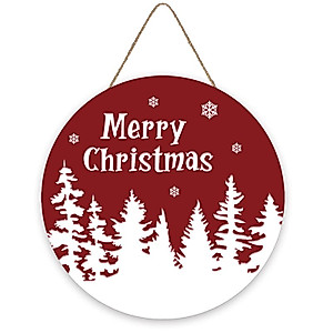 Merry Christmas Wooden Hanging Sign Plaque Christmas Forest Xmas Tree Decor for Holiday Farmhouse Front Door Porch Wall Window Outside Decorations 12x12 Inch
