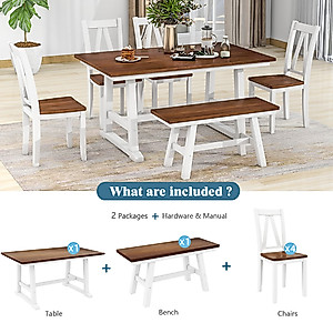 GLORHOME 6-Piece Farmhouse Style Wood Kitchen Table Set with Long Bench and 4 Dining Chairs,Walnut+White