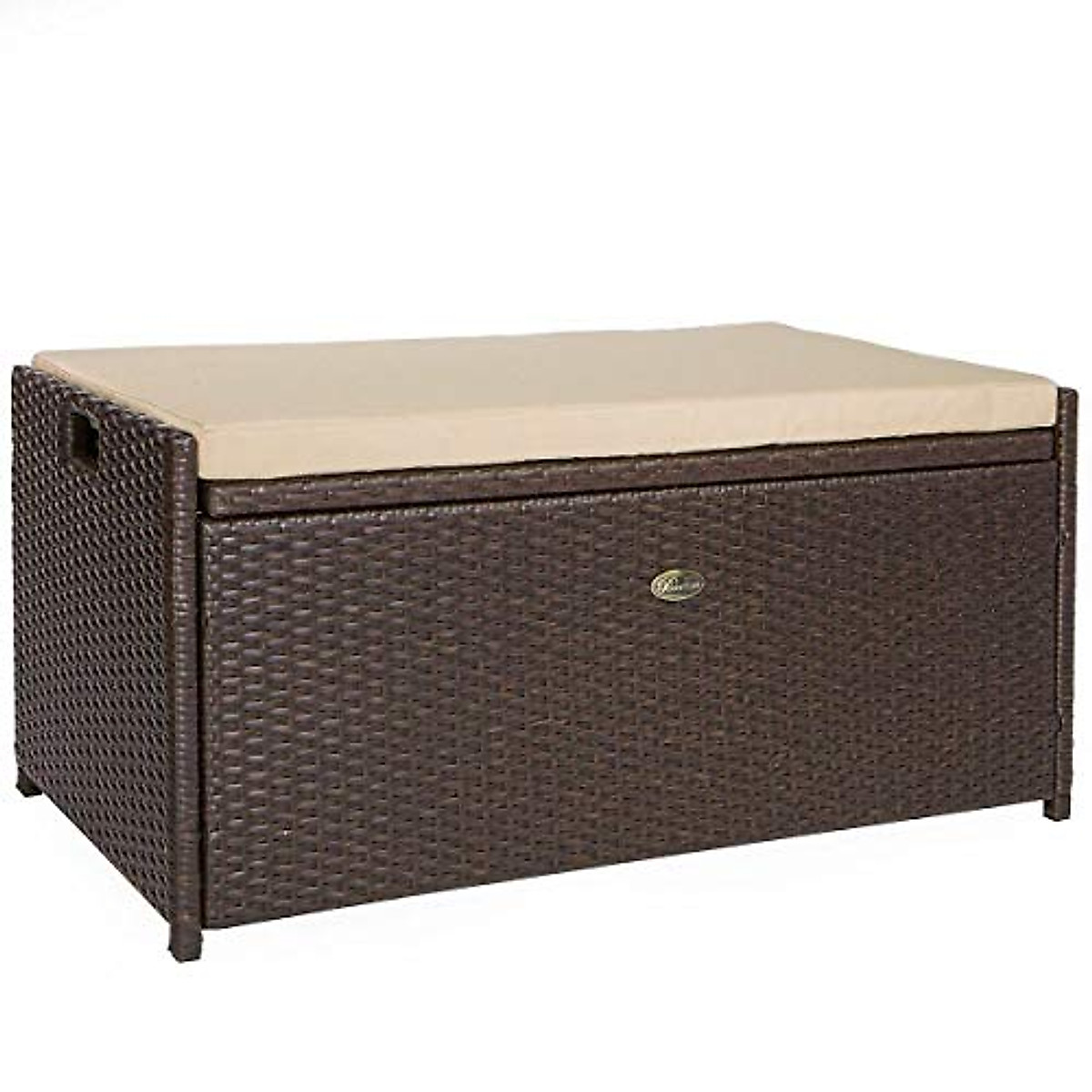 Mandycng Patio Outdoor Rattan Storage Bench w/Cushion, Weatherproof Poolside Deck Box Storage Shed Bin Backyard, Garden Wicker Seat Storage Bench Outdoor Furniture, 60 Gallon Capacity