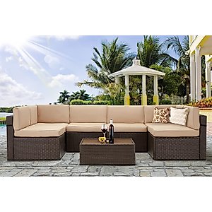 AECOJOY 7 Piece Outdoor Patio Furniture Set, Outdoor Sectional Conversation Furniture Chair with Coffee Table,Patio Sectional for Garden,Backyard(Khaki Cushions and Brown PE Rattan)