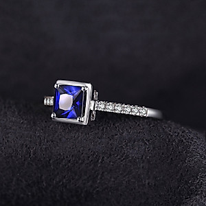 JewelryPalace Square Cut 1ct Created Sapphire Solitaire Rings for Her, 14K White Gold 925 Sterling Silver Promise Ring for Women, Blue Gemstone Jewelry Sets Rings 7
